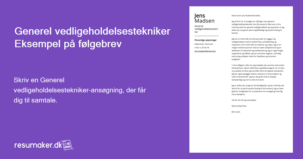 Generel vedligeholdelsestekniker Følgebrev: Eksempel og guide (entry ...