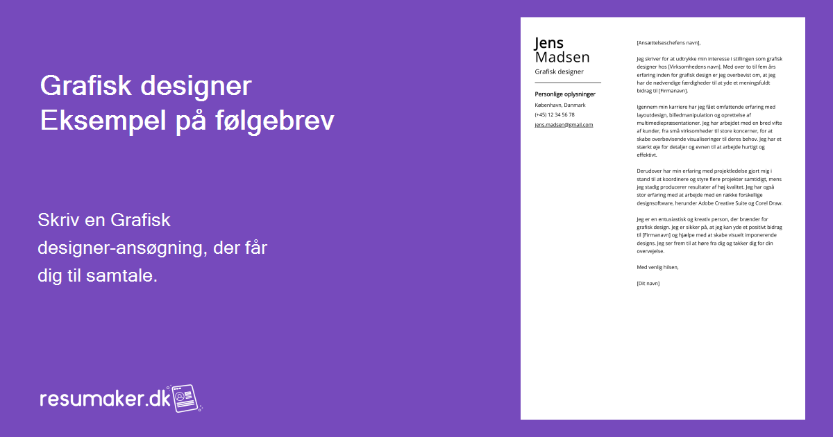 Grafisk designer Følgebrev: Eksempel og guide (entry level og senior jobs)