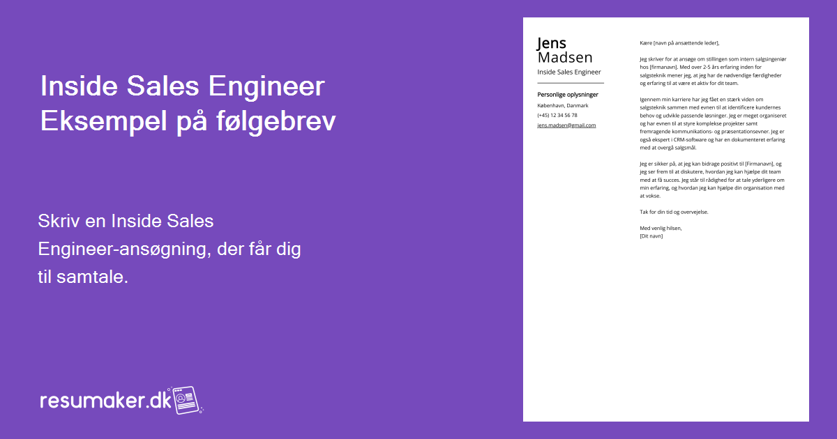 Inside Sales Engineer Følgebrev: Eksempel og guide (entry level og senior jobs)