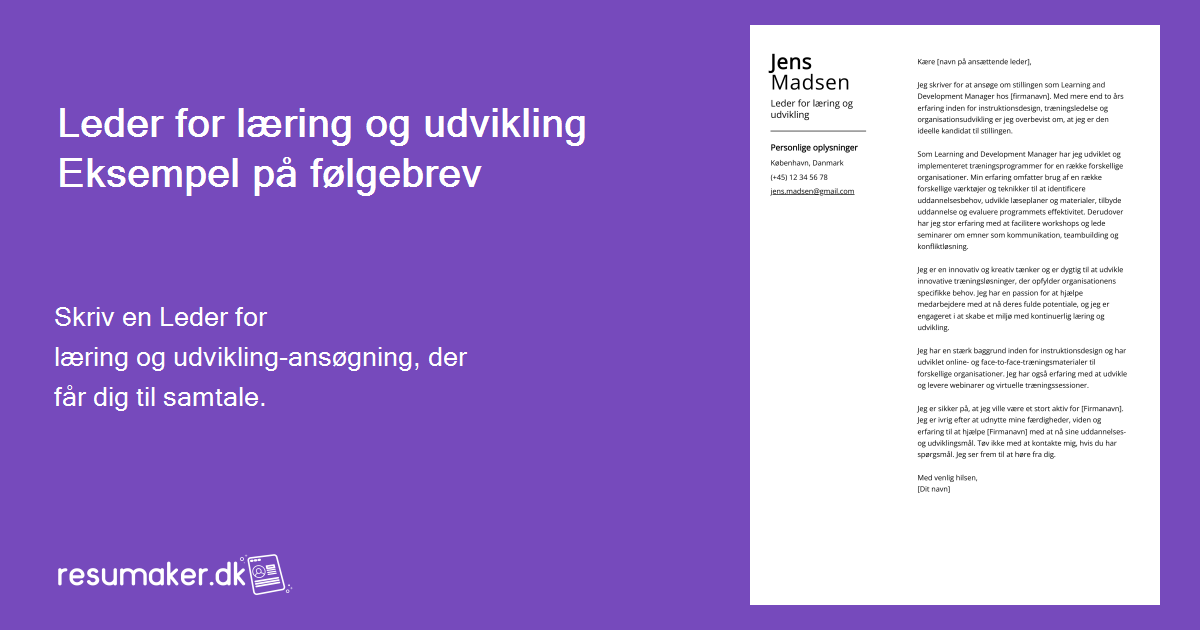 Leder for læring og udvikling Følgebrev: Jobbeskrivelse, eksempel og guide