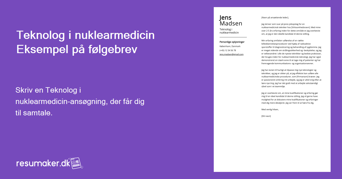 Teknolog i nuklearmedicin Følgebrev: Jobbeskrivelse, eksempel og guide